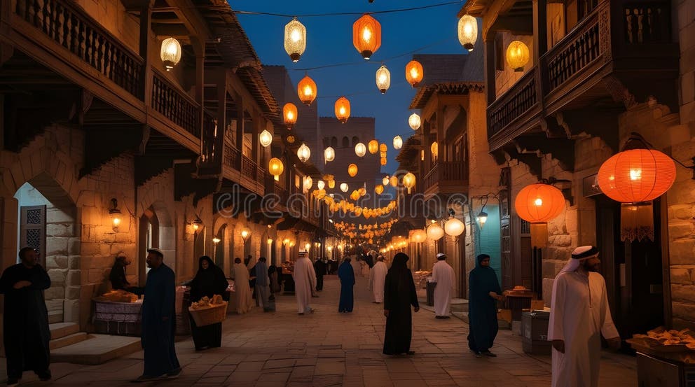 Bustling Middle Eastern Bazaar with Lantern Lights Stock Photo - Image ...