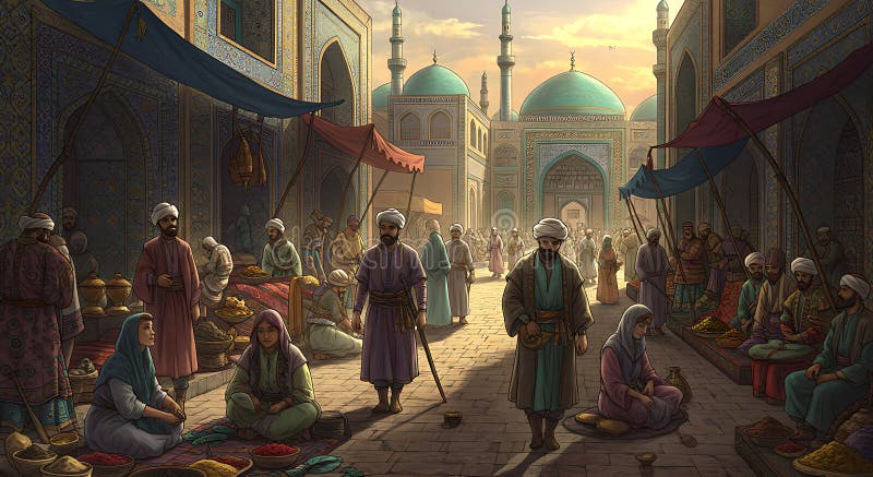 A Bustling Middle Eastern Bazaar Scene from Centuries Ago is Depicted ...