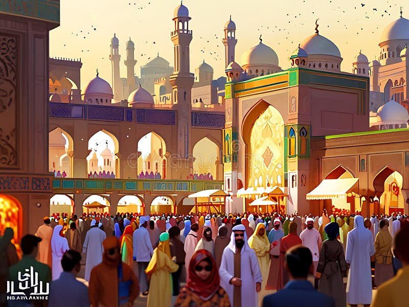 Bustling Middle Eastern Market Square Under a Majestic Setting Sun ...