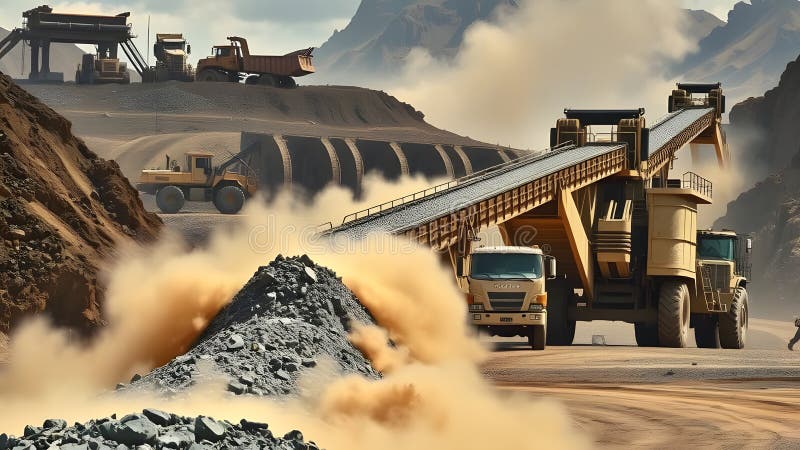 A Bustling Mining Site with Trucks, Machinery, and Piles of Ore, Dust ...