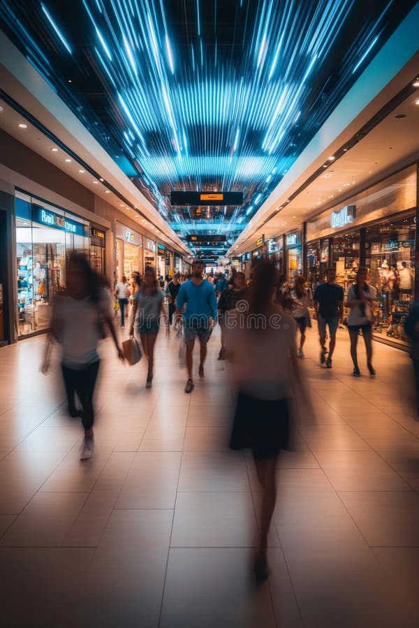 Bustling Modern Mall Interior with Shoppers and Futuristic Lighting ...