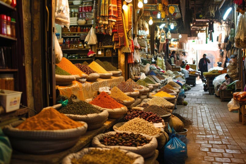 A Bustling Moroccan Souk Filled with Spices and Textiles, AI Generated ...