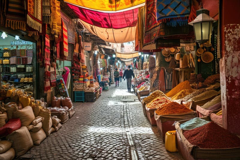 A Bustling Moroccan Souk Filled with Spices and Textiles, AI Generated ...