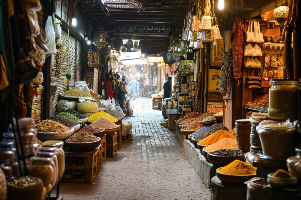 A Bustling Moroccan Souk Filled with Spices and Textiles, AI Generated ...