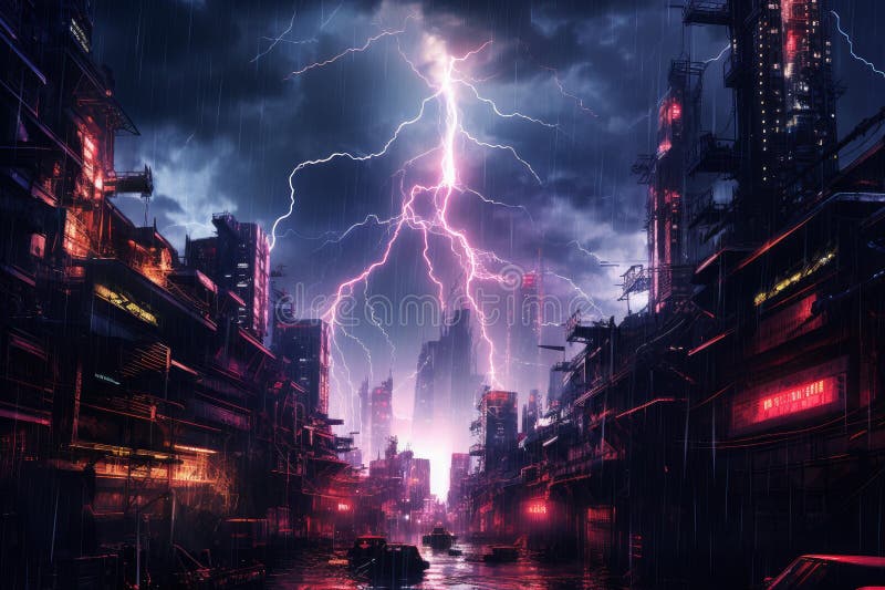 Bustling Neon City Thunder. Future Night Street Stock Photo - Image of ...