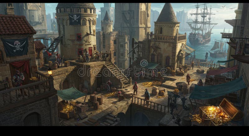 Bustling Pirate Port with Ships, Traders, and Lively Market Scene Stock ...