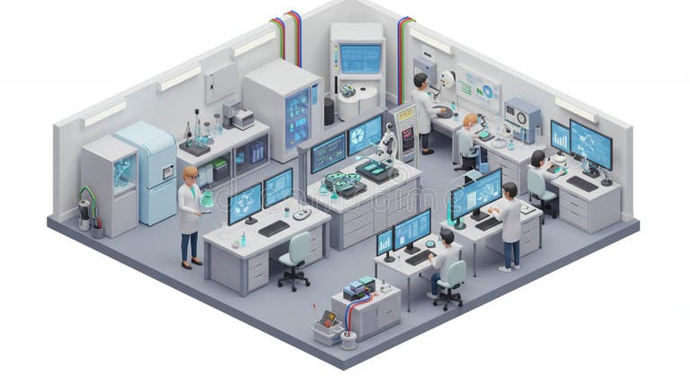 Bustling Pixel Art Science Laboratory with Scientists Analyzing Data ...