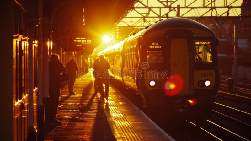 The Bustling Platform is Bathed in a Warm Amber Light from the Station ...