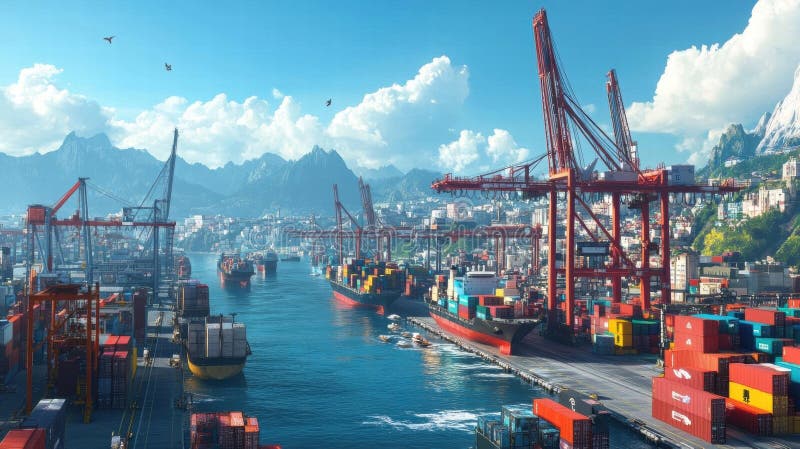 Bustling Port City, Cranes, Cargo Ships, and Mountains Stock ...