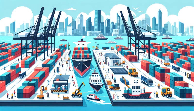 Bustling Port with Ships Docked and Workers Coordinating Operation AI ...