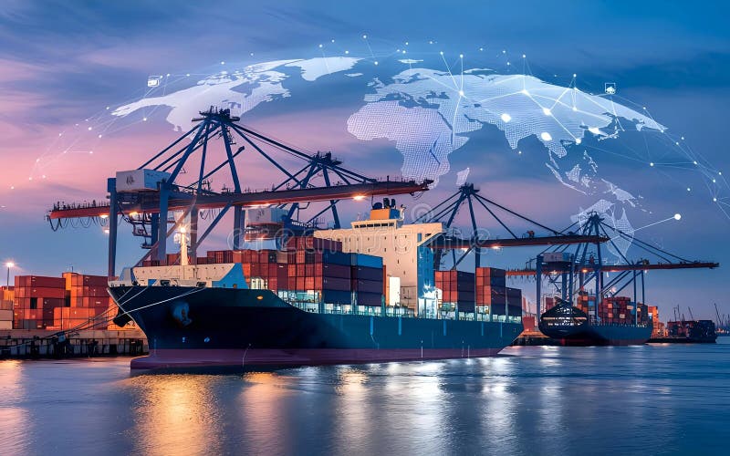 A Bustling Port during Twilight. a Large Cargo Ship, Adorned with ... A Bustling Port during Twilight. a Large Cargo Ship, Adorned with ...