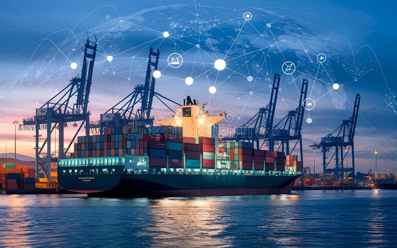 A Bustling Port during Twilight. a Large Cargo Ship, Adorned with ... A Bustling Port during Twilight. a Large Cargo Ship, Adorned with ...