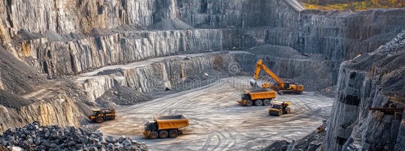 Active Quarry with Stone Trucks and Loaders in Grey and Yellow Stock Illustration - Illustration ...