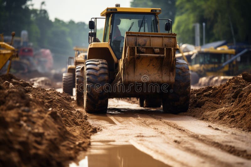 Heavy Equipment in Action: Caterpillar Excavator Digs, Overlooking ...