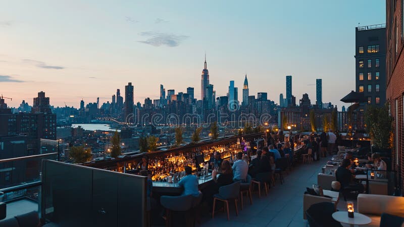 A Bustling Rooftop Bar with a Panoramic City View and Elegant Seating ...