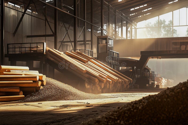 A Bustling Sawmill Interior. Stock Illustration - Illustration of ...