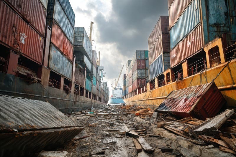 Productive Trade Contrasts with Collapsed Cargo at a Busy Shipping Dock ...