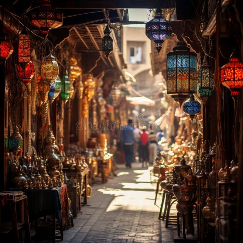 Bustling Souk in Marrakesh with Moroccan Lantern Stock Image - Image of ...