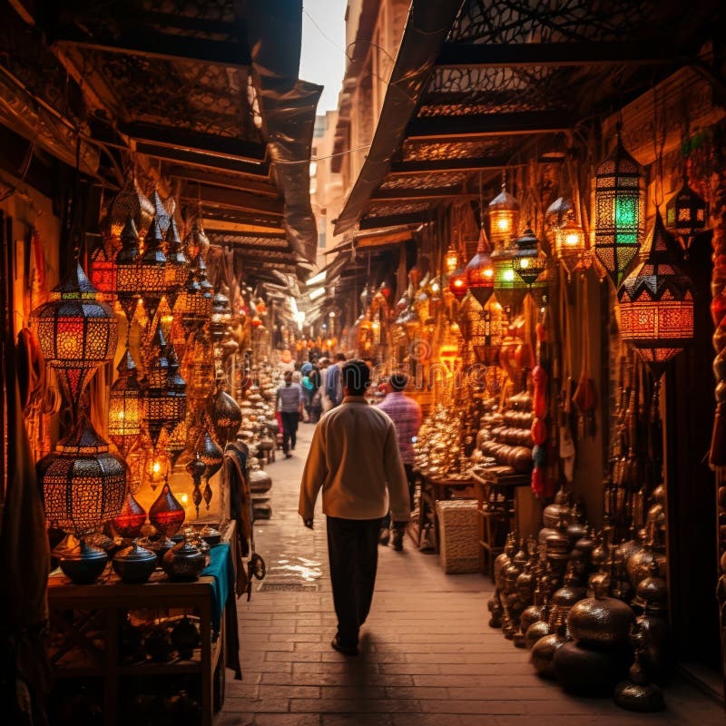 Bustling Souk in Marrakesh with Moroccan Lantern Stock Photo - Image of ...