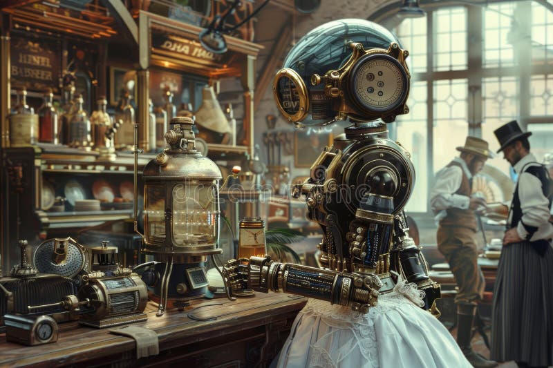 Exploring an Opulent Steampunk Laboratory with Futuristic Robots Stock ...