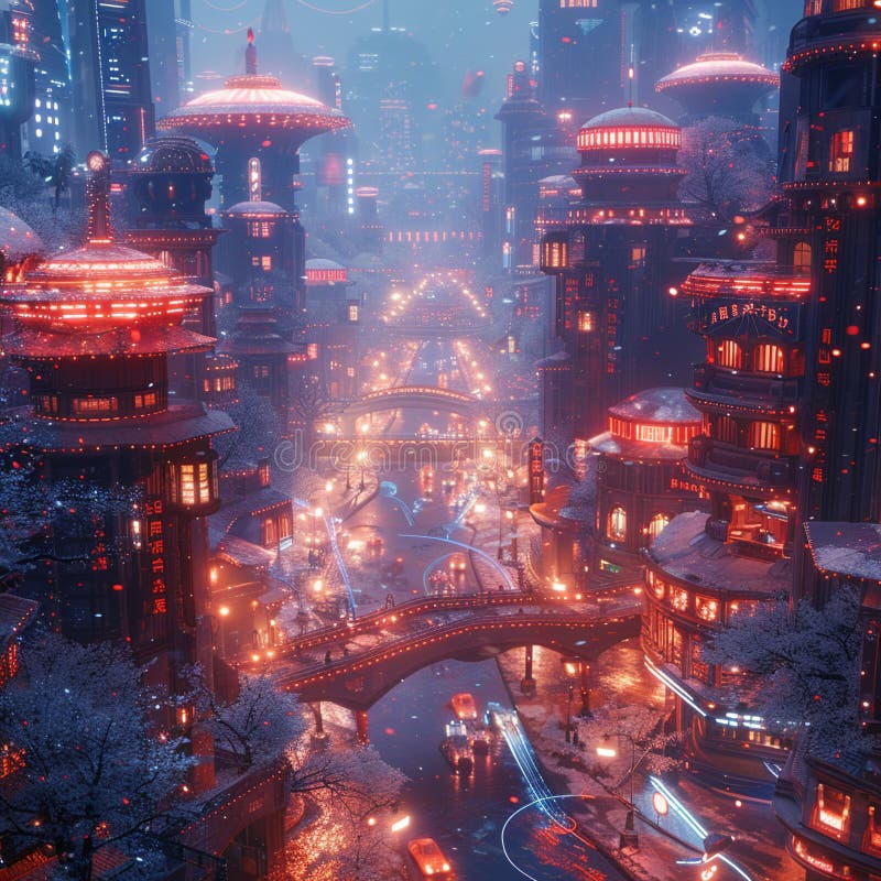Future City with Scifi Structure Floating in Green Urban Jungle ...