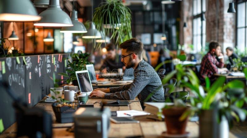 Productivity in Motion. Busy Tech Startup Office with Employees Working ...