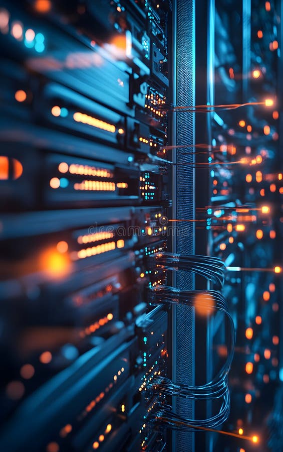 A Bustling Telecommunication Hub Where Fiber Optic Cables Link Multiple Devices, Transmitting ...