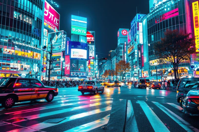 A Bustling Tokyo Intersection at Night, Filled with Vibrant Colors and ...
