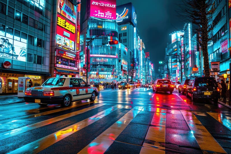 A Bustling Tokyo Intersection at Night, Filled with Vibrant Colors and ...