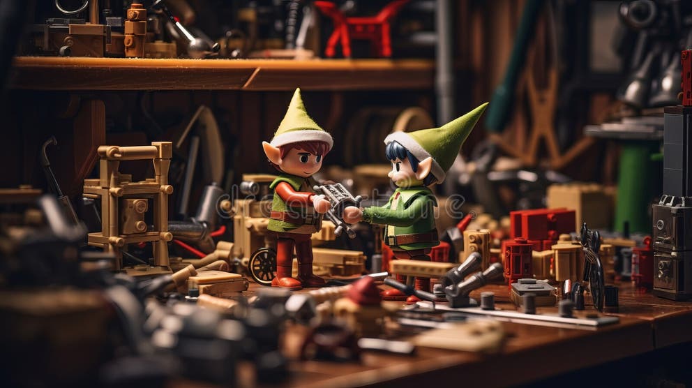 A Bustling Toy Workshop Where Two Diligent Elves are Engrossed in Their ...