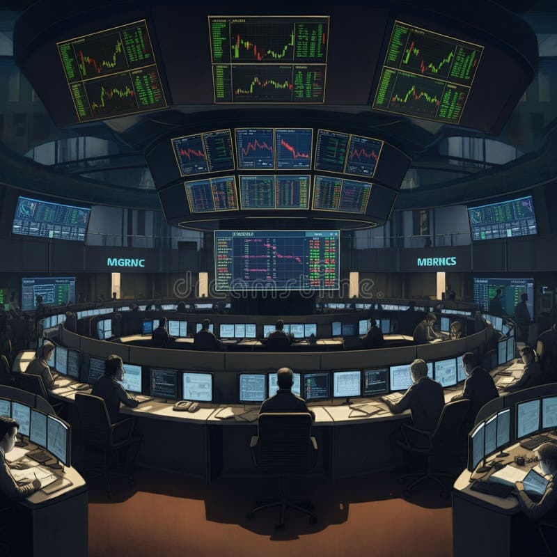 A Bustling Trading Floor Features Several People Seated at Curved Desks ...