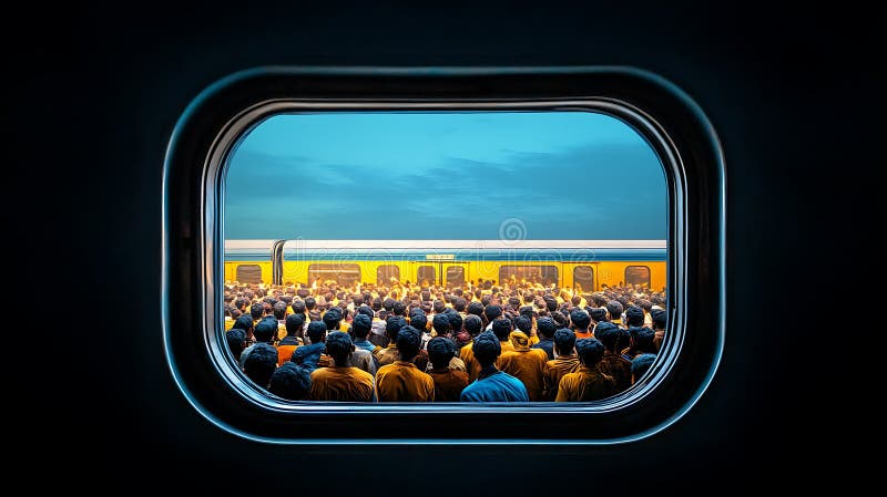 Busy Train Station Scene in India through a Window Stock Illustration ...