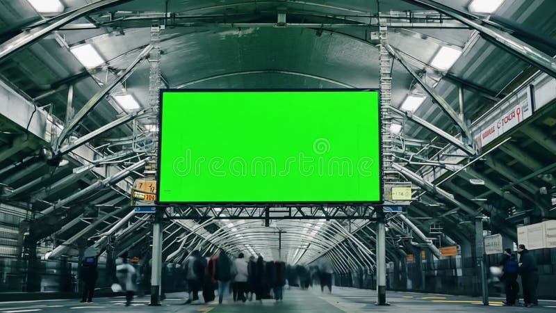 Large Green Screen Displayed in a Busy Train Station with Commuters ...