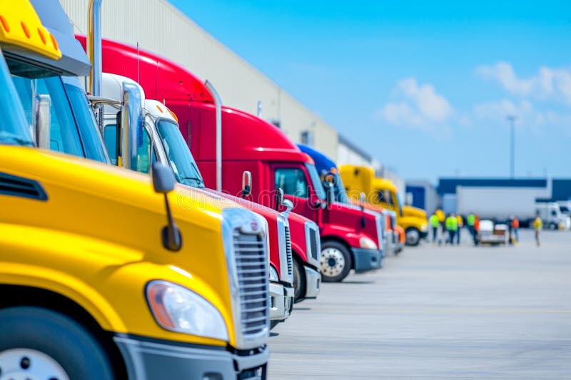 A Bustling Trucking Yard with Brightly Colored Semi-trucks Parked in a ...
