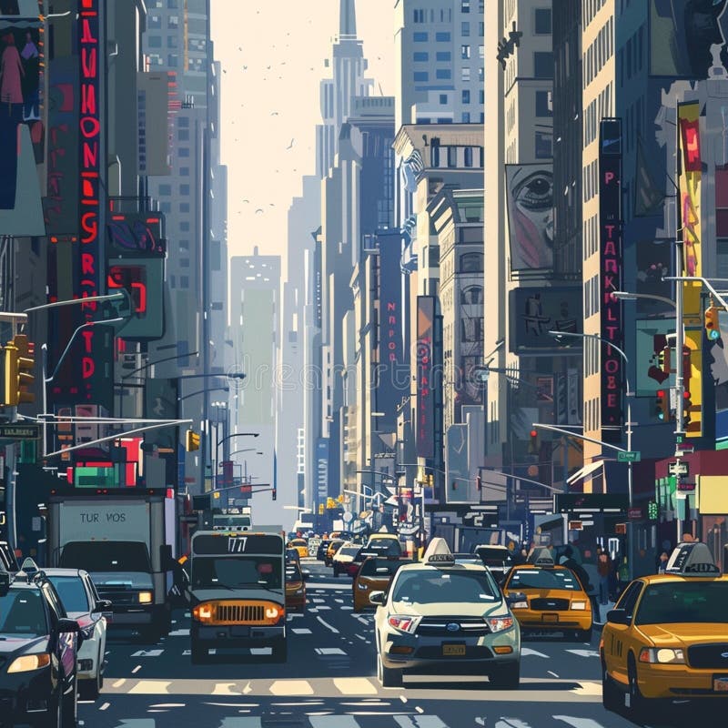 Bustling Urban Avenue Teeming with Life and Activity Stock Illustration ...