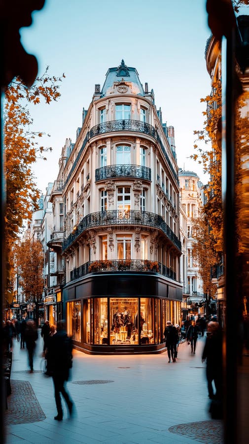 Bustling Urban Street with Historic Building in Autumn Stock Image ...