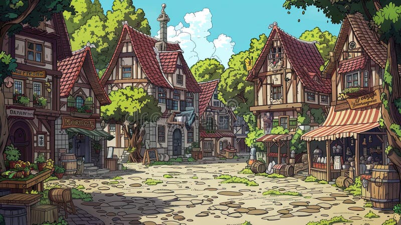 Bustling Village Square with Quaint Cottages Stock Illustration ...