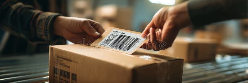 Hands Place Barcode Label on Parcel in Busy Warehouse during Inventory ...