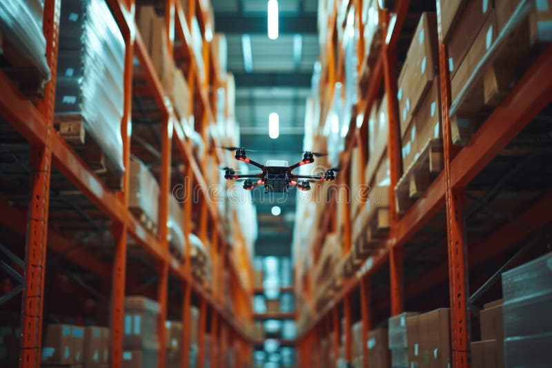 Busy Warehouse Filled Show Drones Flying Over Aisles with Boxes Stock ...