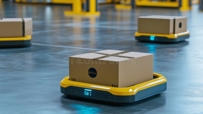 Three Yellow Micro-robots Transporting Packages in a Modern Warehouse ...