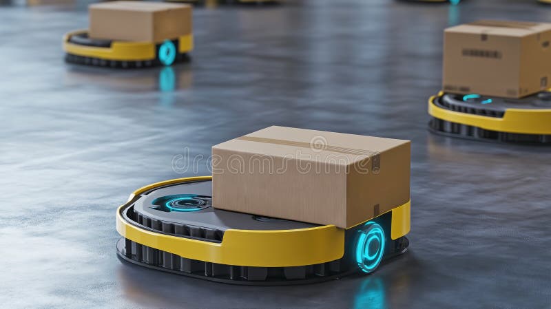 Three Yellow Micro-robots Transporting Packages in a Modern Warehouse ...
