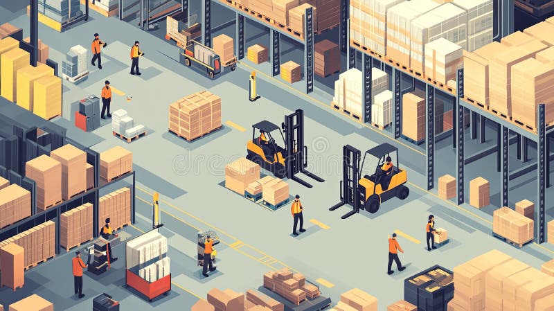 A Bustling Warehouse with Workers Managing Inventory and Forklifts in ...