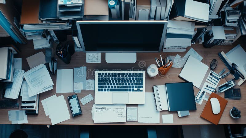 Busy Administrative Workspace with a Computer, Documents, and Office ...