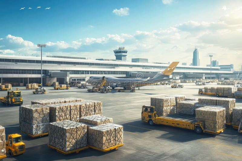 A Busy Airport Cargo Area with Planes, Trucks, and Stacked Freight ...
