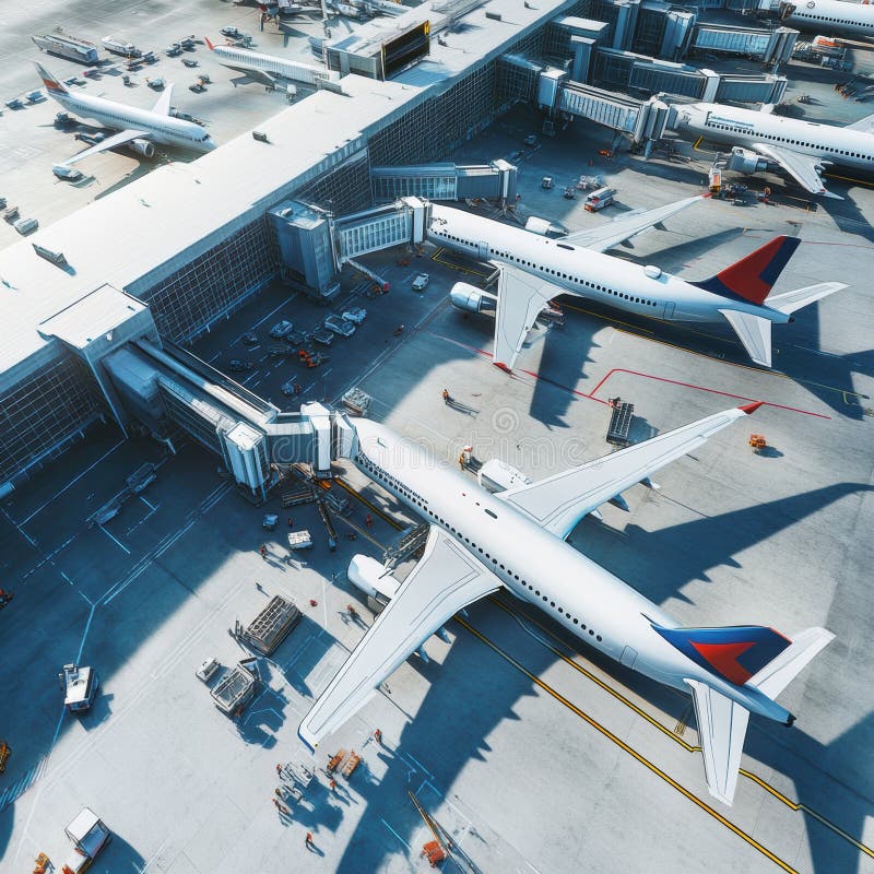 Busy Airport Terminal Featuring Multiple Parked Airplanes and Active ...