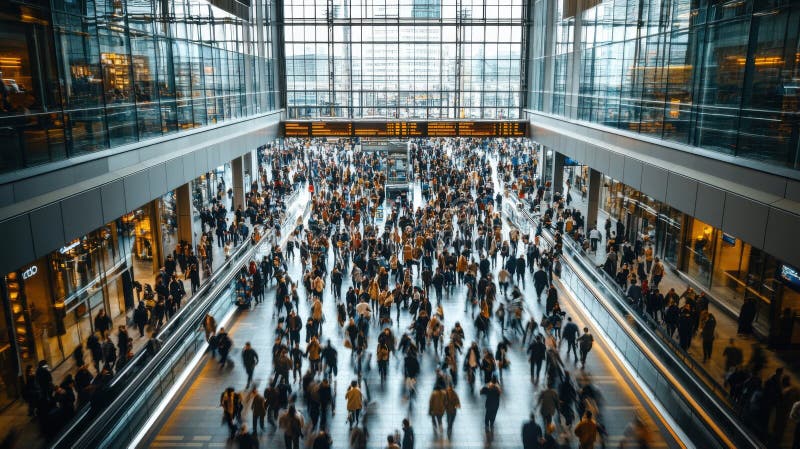 A Busy Airport Terminal, a High Angle View of a Large Crowd of People ...