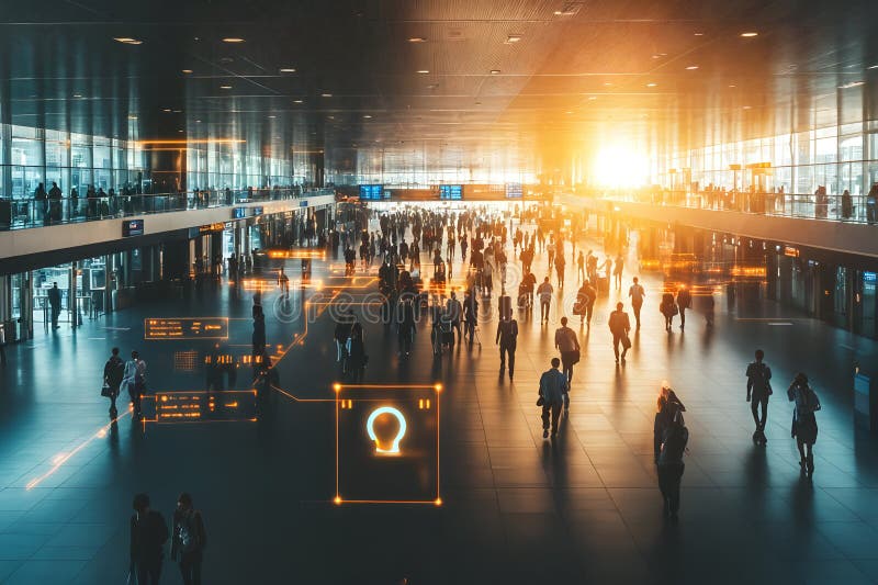 Busy Airport Terminal at Sunset with Futuristic Digital Interface and ...