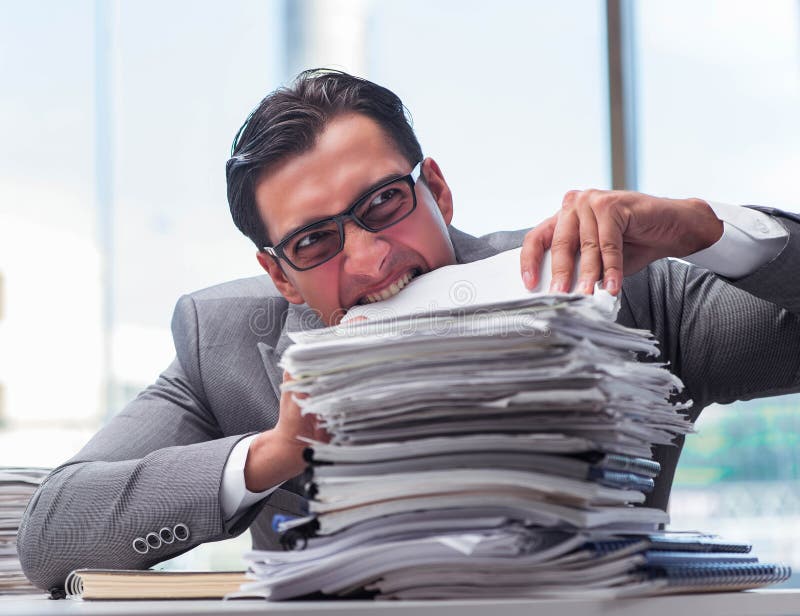 Busy Angry Businessman with Heaps of Paper Stock Image - Image of desk ...