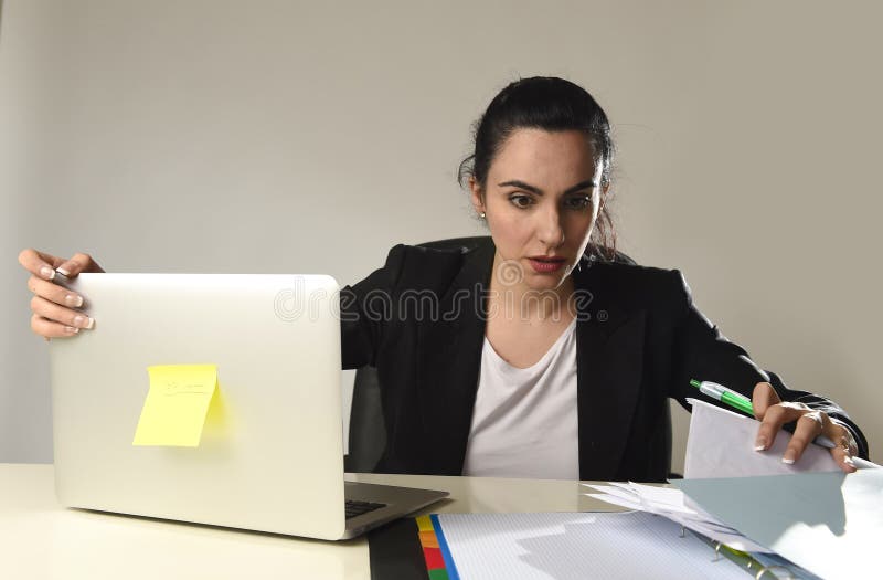 Busy Attractive Woman In Business Suit Working In Stress Desperate