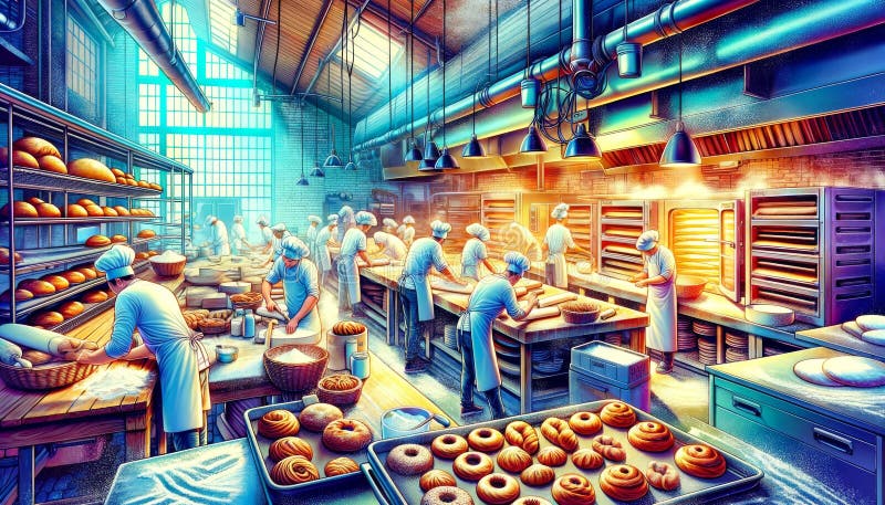 Busy Bakery Interior with Workers and Ovens Stock Illustration ...